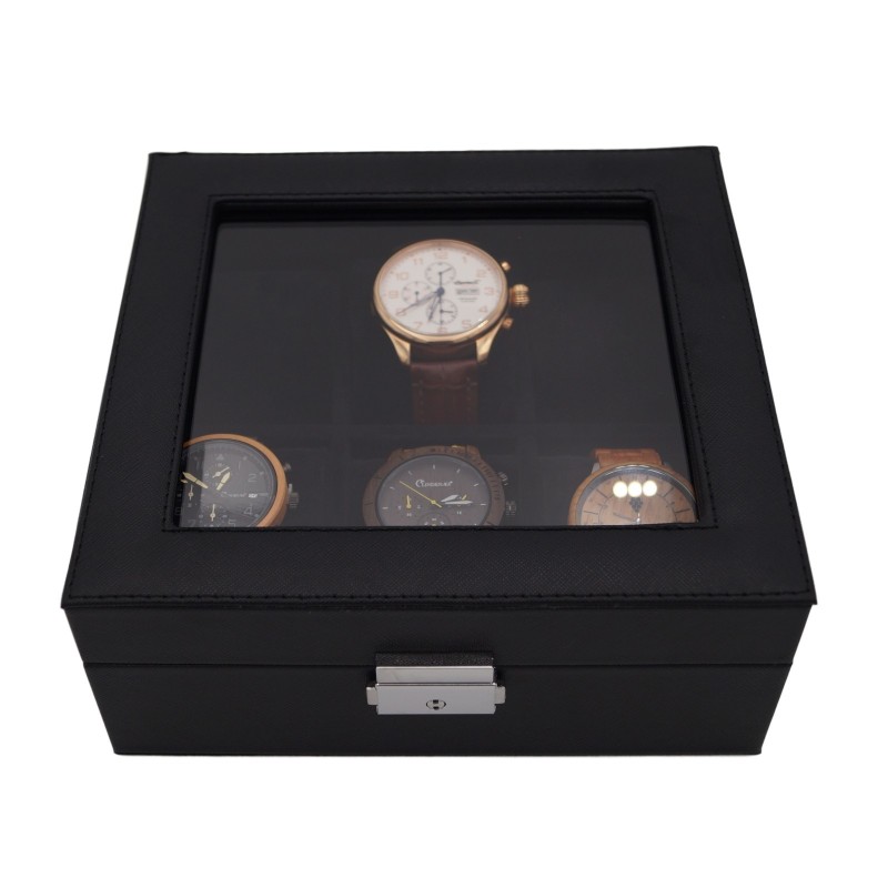 Urboks til 6 ure - i trendy sort cross grain mønster og rude i låget