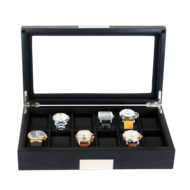 LINDENÆS urkasse / urboks i mat sort træfiner med rude - opbevar 12 ure