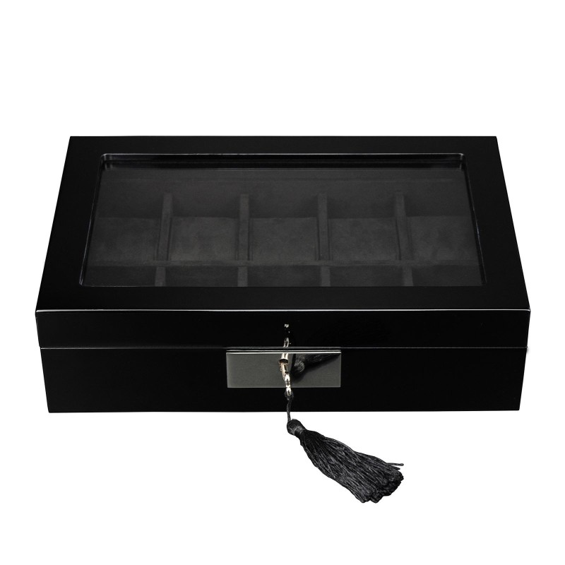 LINDENÆS urkasse med rude i sort blank træ, urboks til 10 ure