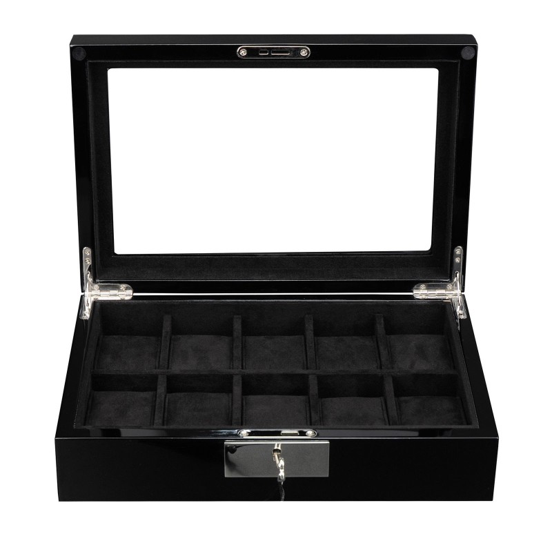 LINDENÆS urkasse med rude i sort blank træ, urboks til 10 ure